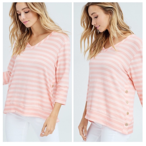 Penna&Pine | Tops | Coral Striped Side Button Top | Poshmark